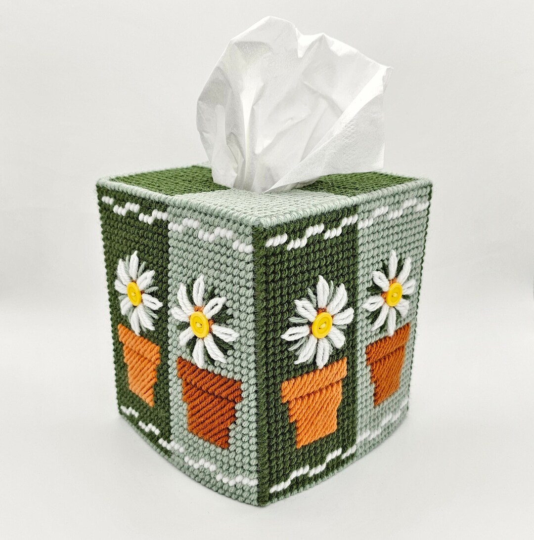 Needlepoint Green Daisy Tissue Box Cover Plastic Canvas READY TO SHIP ...