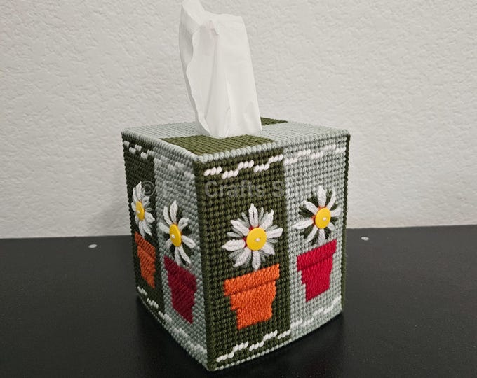 Needlepoint Green Daisy Tissue Box Cover Plastic Canvas | READY TO SHIP ...