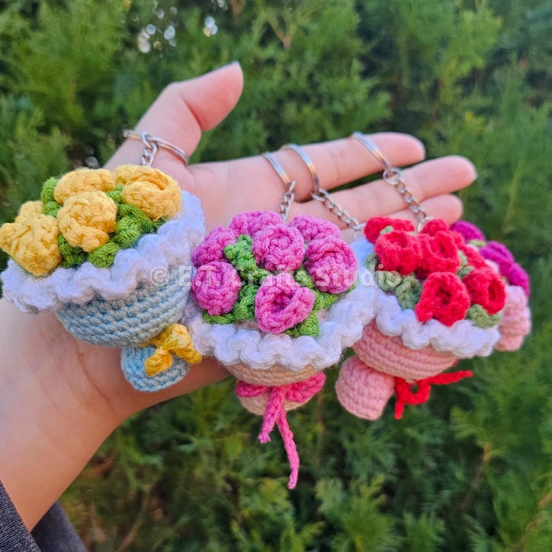 Amigurumi Rose Flower Bouquet Crochet Stuffed Plush | Keychains | READY ...