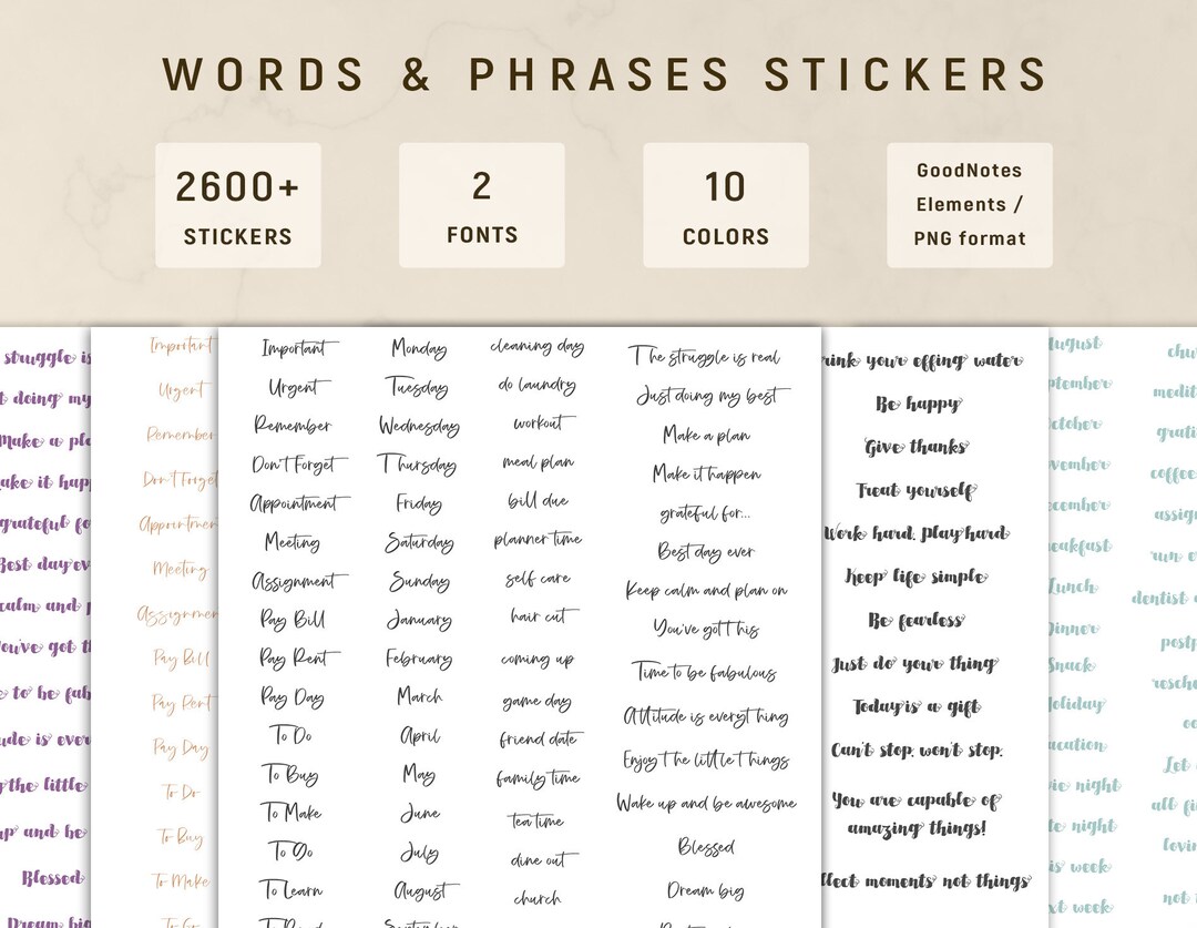 Words & Phrases Digital Stickers, Cute Minimal Script Stickers for ...