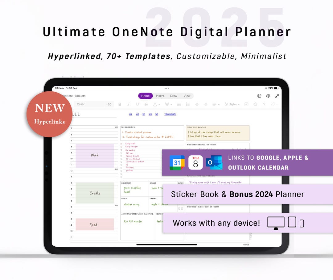 OneNote Digital Planner, One Note Template HYPERLINKED Android iPad ...