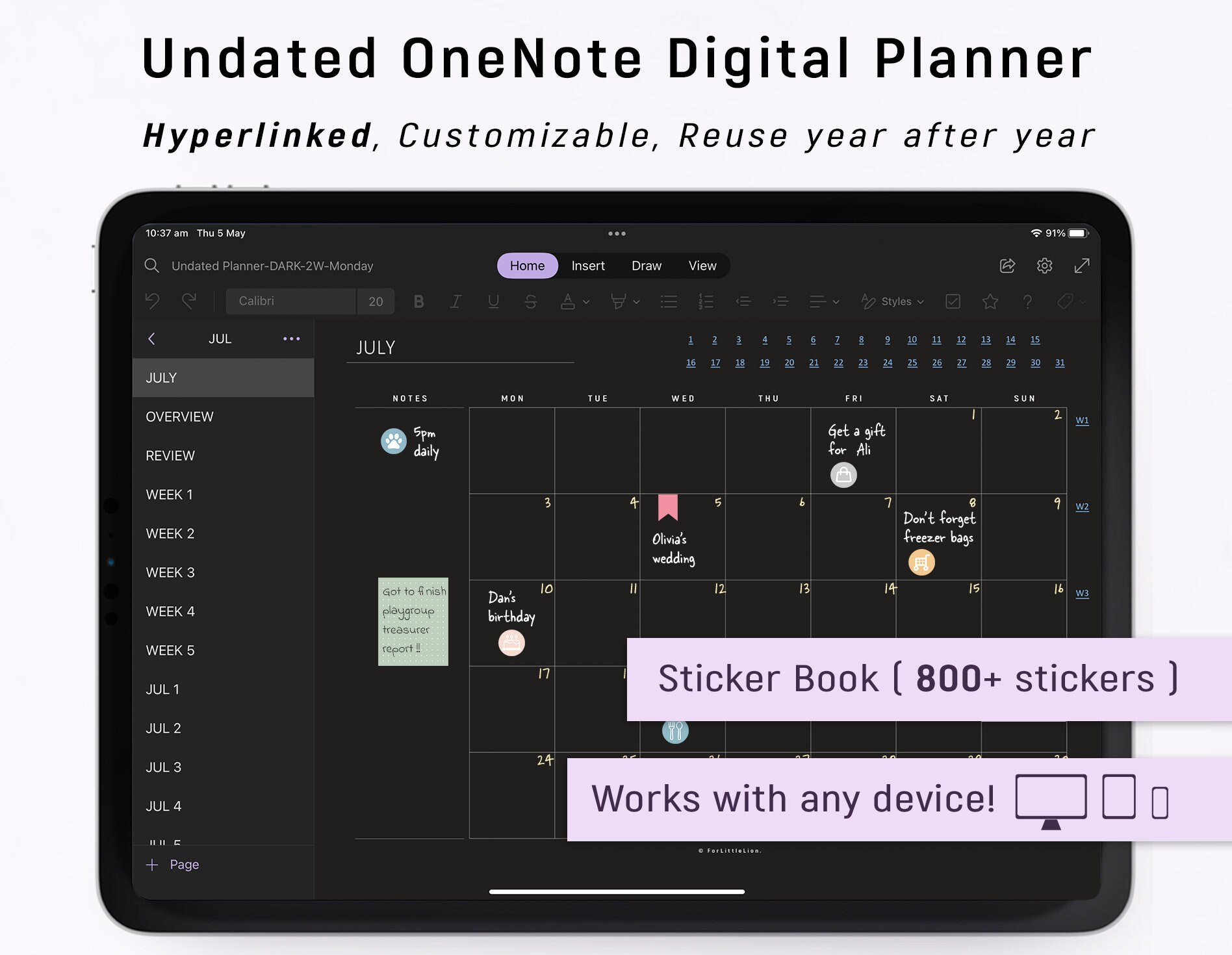 Digital Planner Onenote UNDATED Dark Mode One Note Planner | Etsy