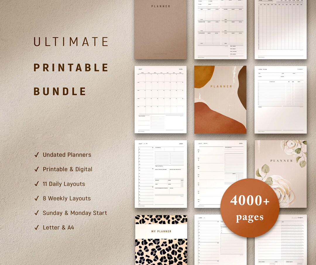 Undated Printable Planner Bundle, Daily Weekly Monthly Yearly Planners ...