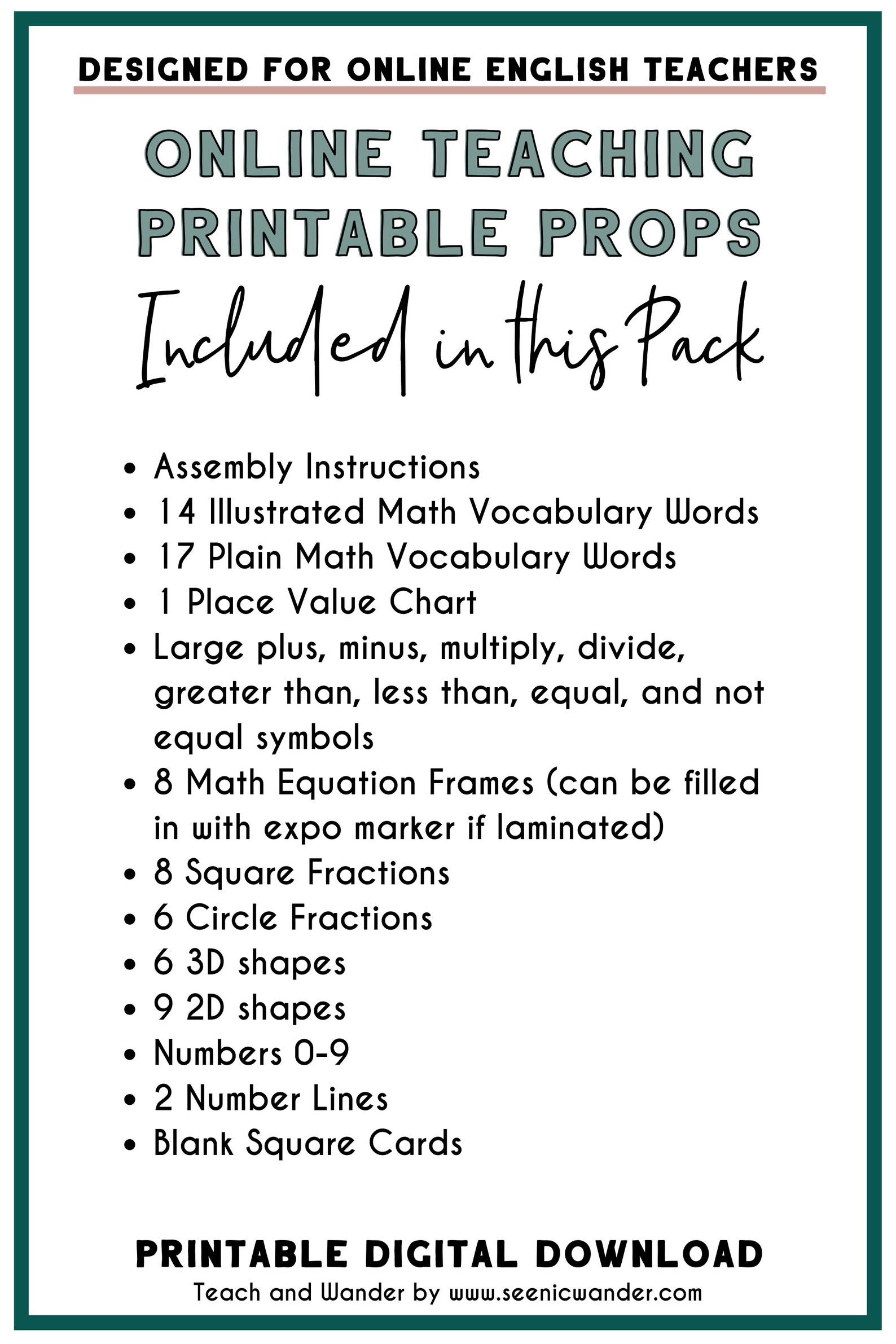 Math Basics Printable Props for Online English Teachers | Teaching Math ...