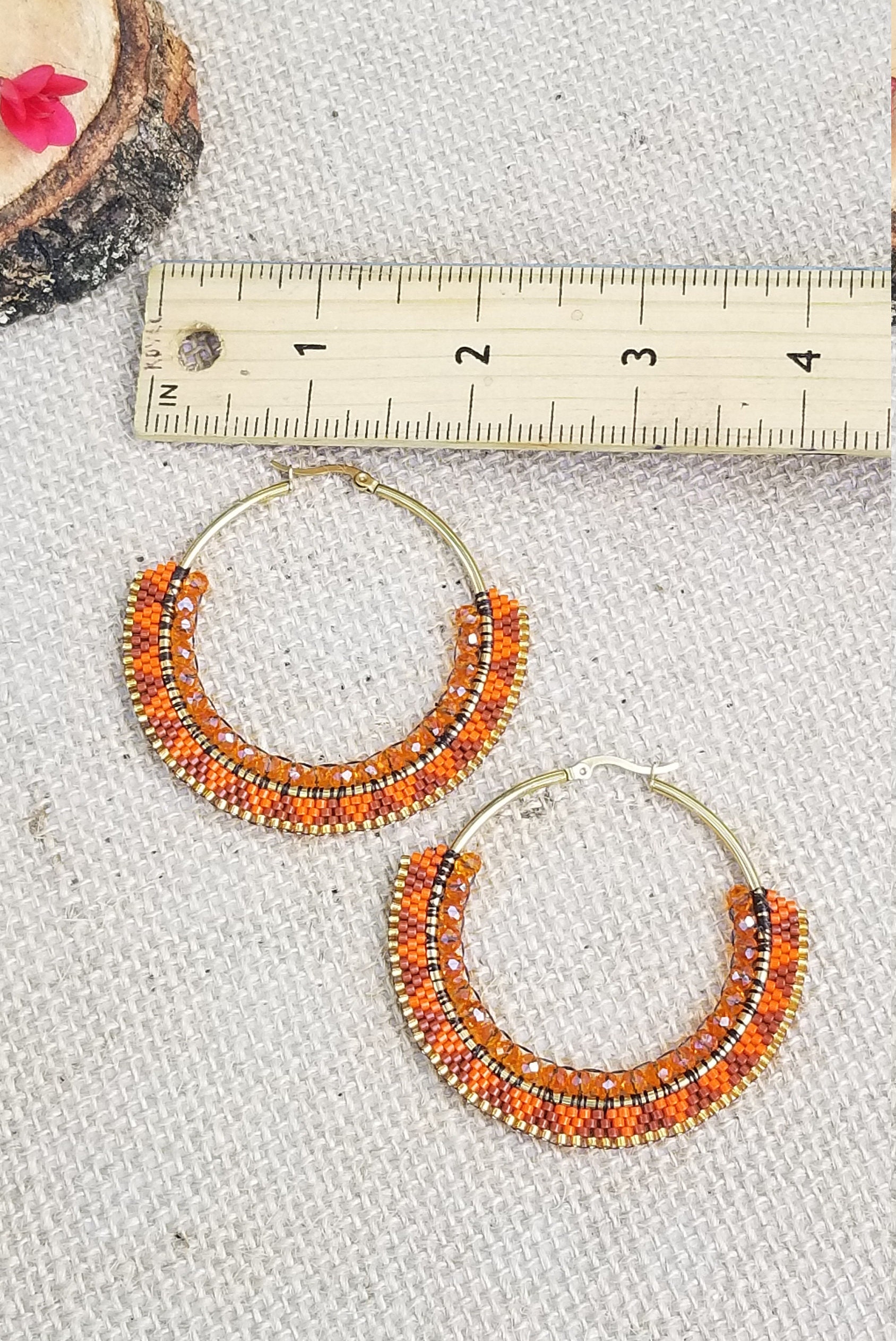 Orange native american beaded hoop earrings Solid 24k gold - Etsy.de