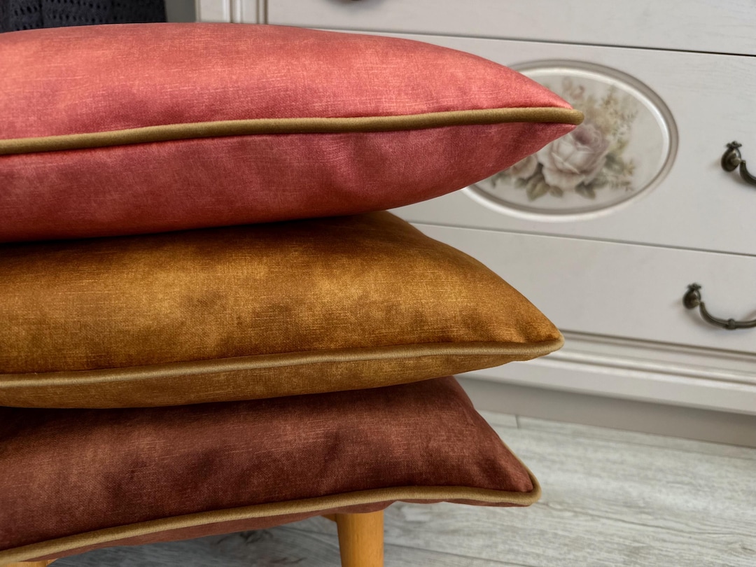 Velvet Pillow Cover: Caramel, Salmon, Rust With Gold Piping - Etsy UK