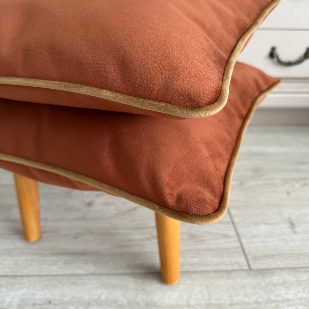 Rust Velvet Pillow Cover With More Colour Piping, Rust Brown Throw ...