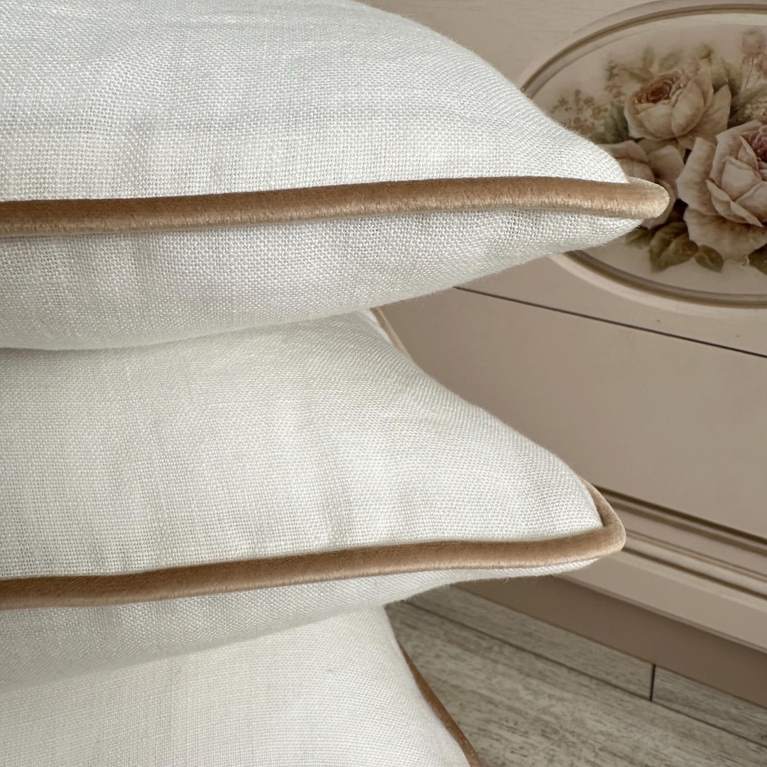 Heavyweight off White Linen Pillow Cover: Color Piping, Natural Linen ...