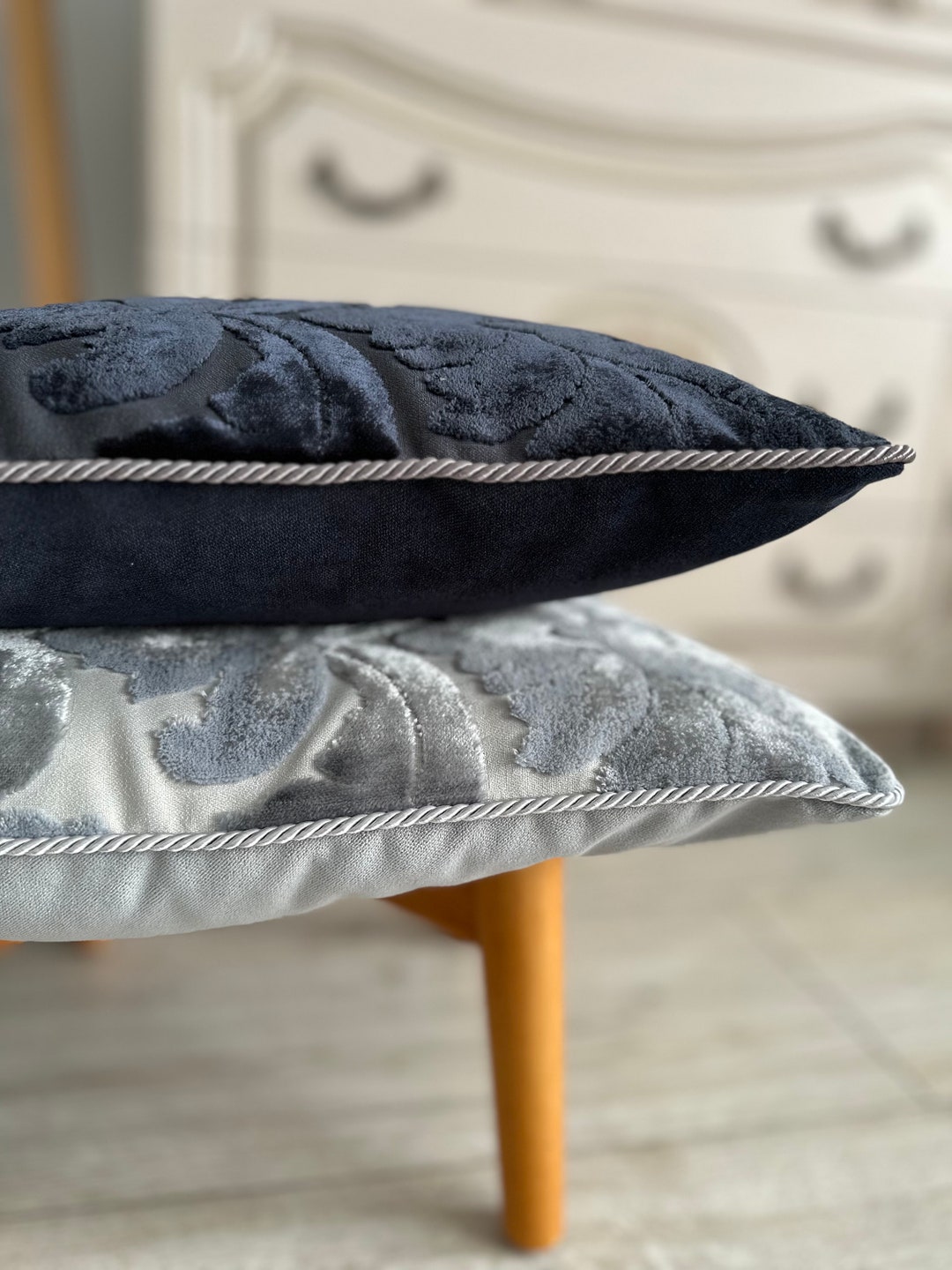 Royal Light Blue Patterned Pillow Cover, Anthracite Blue Patterned ...
