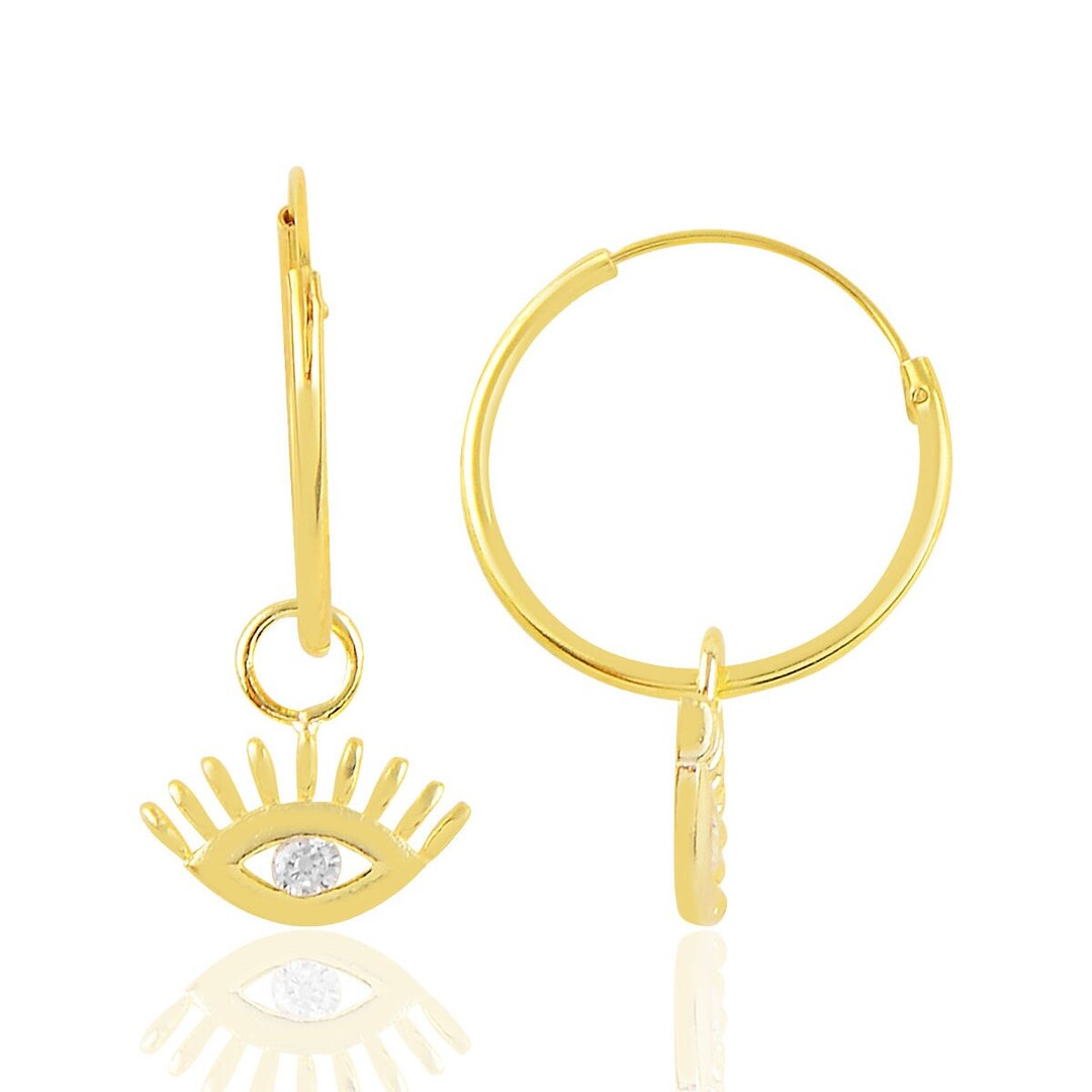 Gold Charm Hoop Earrings, Large Gold Hoops, Gold Dangle Hoops, Evil Eye ...