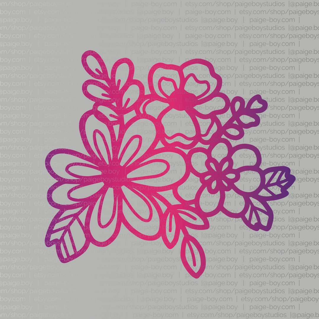 Flower Cluster 1 - 3 Big Flowers, Leaves, and Ferns - SVG / Vector File ...
