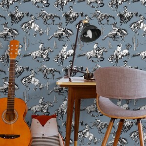Blue Wallpaper With Cowboy, Wild West Decor, Southwestern Wall Paper ...