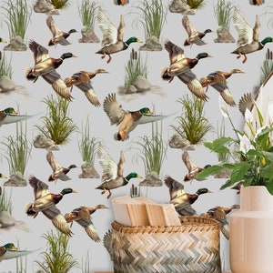 Duck Wallpaper, Retro Wall Paper Peel & Stick, Birds Wall Decal, Gray ...