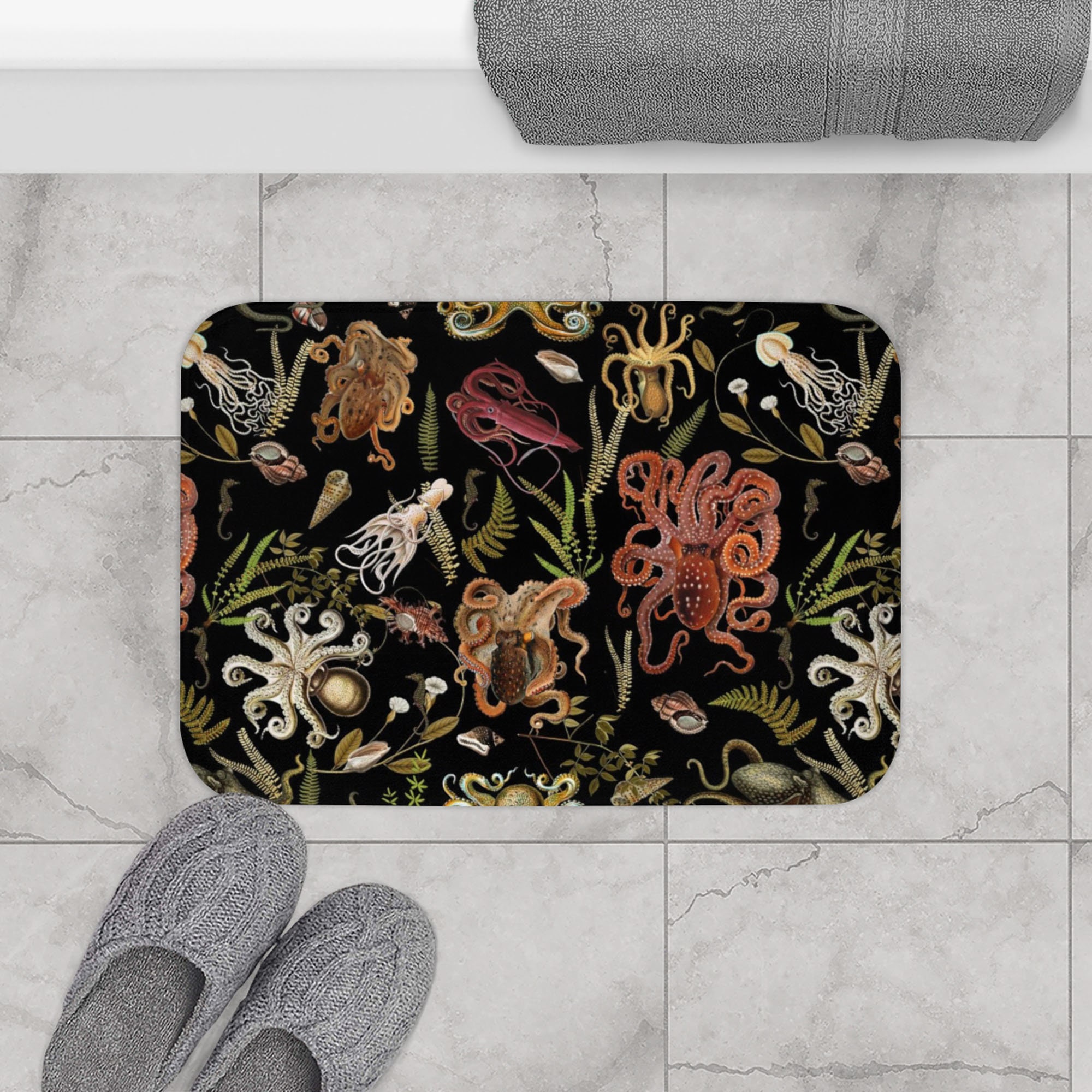 Black Bath Mat With Octopus, Dark Bathroom Rug With Kraken, Bath Mat ...