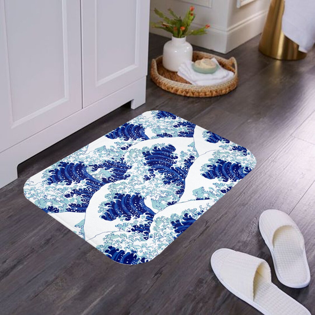 Sea Bathroom Rug, Wave Bath Mat Blue White, Beach Bathroom Accessories ...