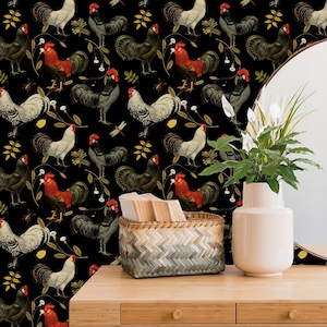 Dark Vintage Style Wallpaper, Rooster Wall Decor, Traditional or Pre ...