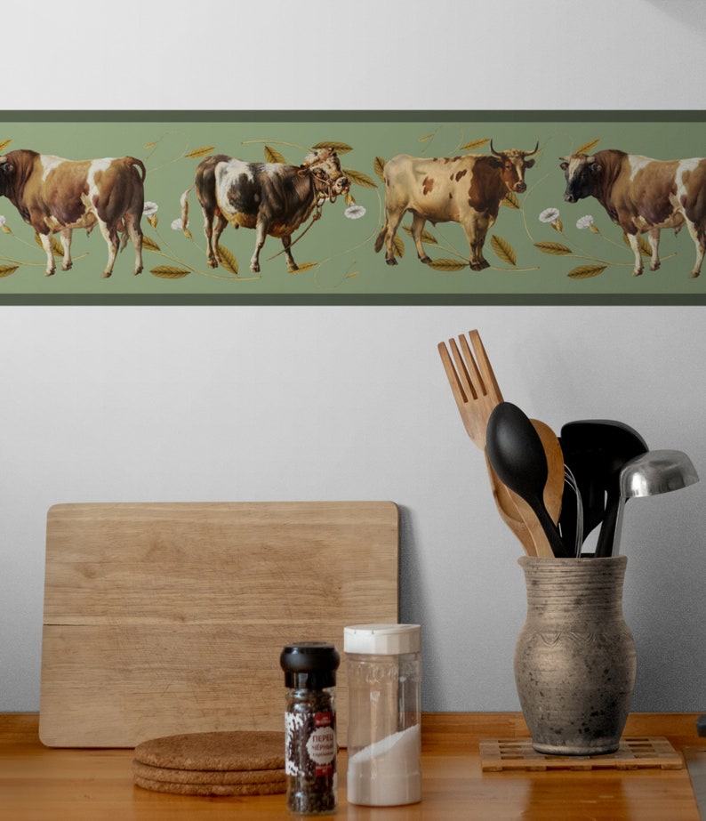 Farm Wallpaper Border With Cow, Farmhouse Decor, Green Wall Decal Peel ...