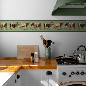 Farm Wallpaper Border With Cow, Farmhouse Decor, Green Wall Decal Peel ...