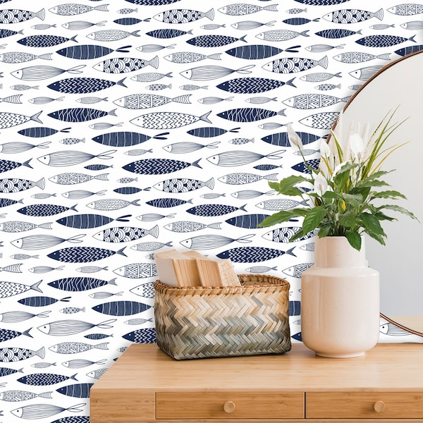 Blue and White Fish Wallpaper - Etsy