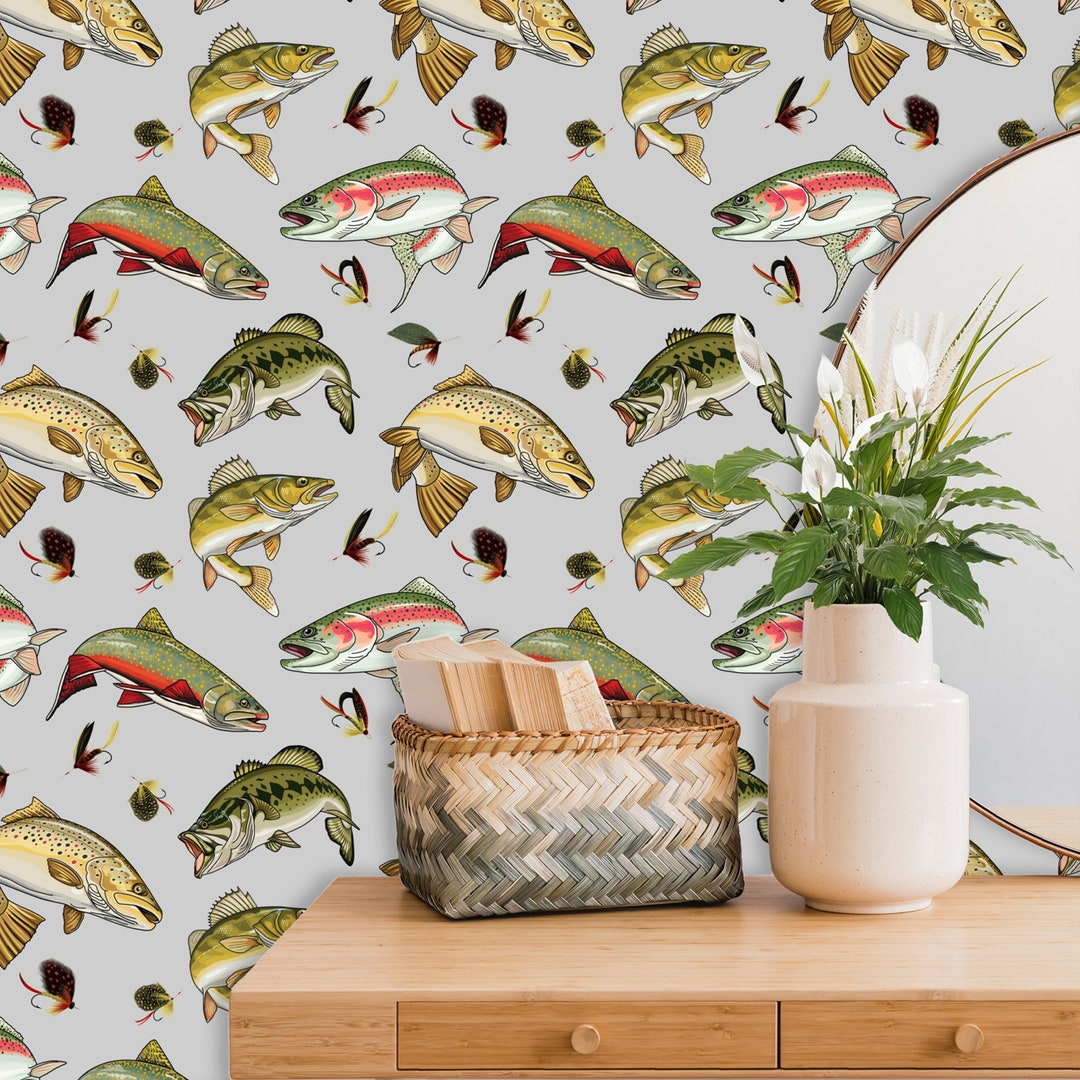 Fish Wallpaper, Gray Wall Paper Peel and Stick With Salmon, Fishing ...