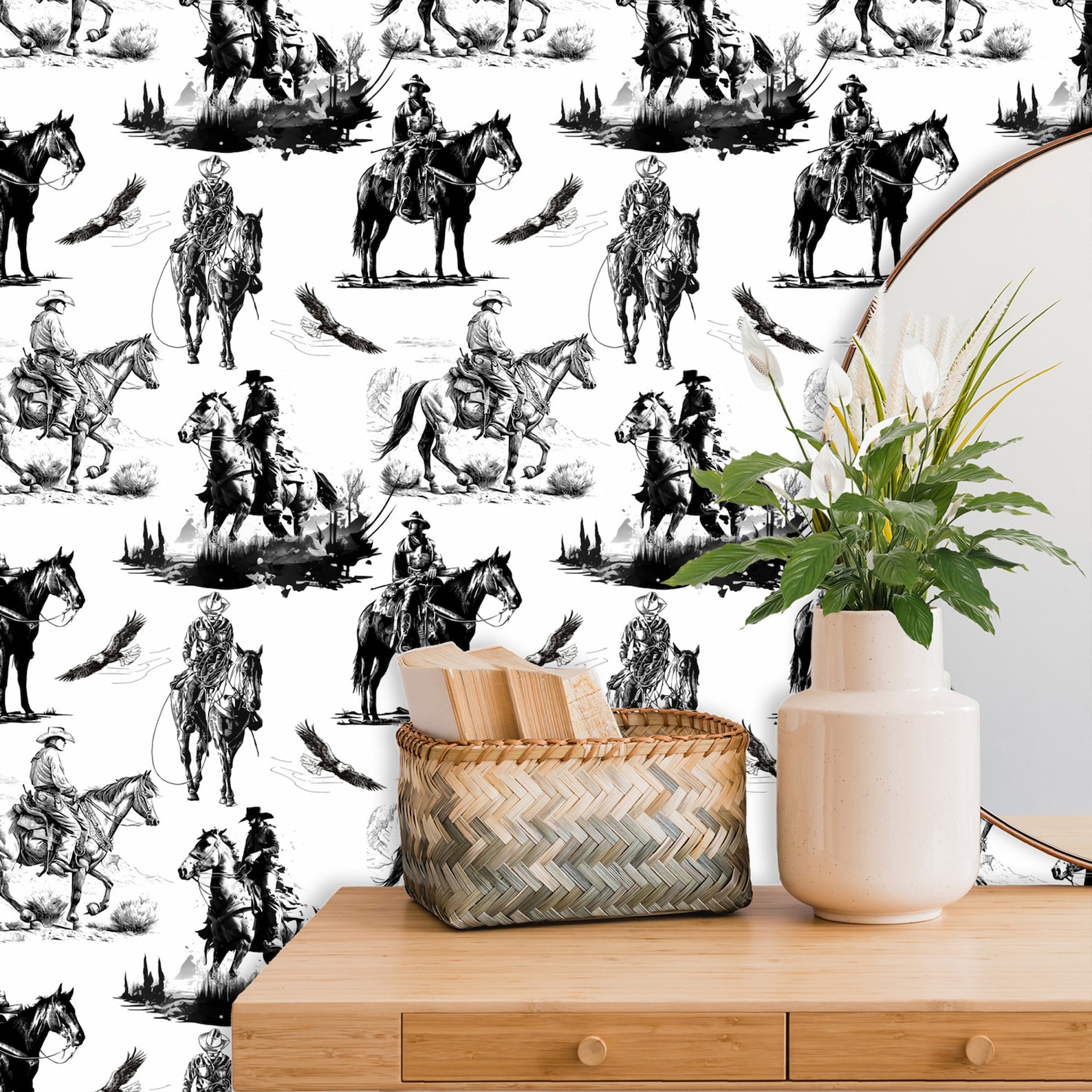 Cowboy Wallpaper, Western Wall Paper in Black and White, Southwestern ...