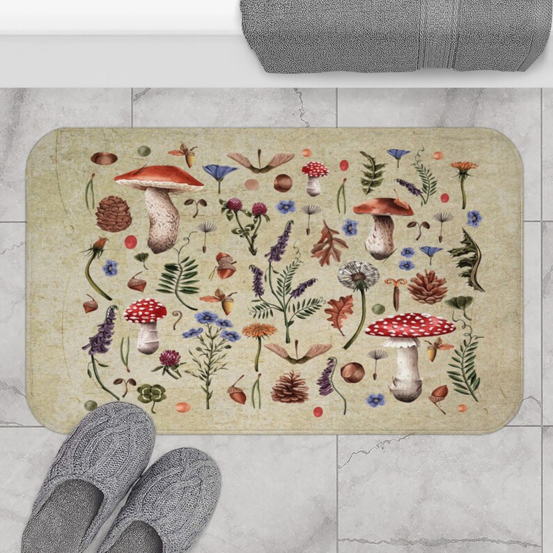 Fall Bath Mat With Mushrooms and Leaves, Earthy Colors Bathroom ...