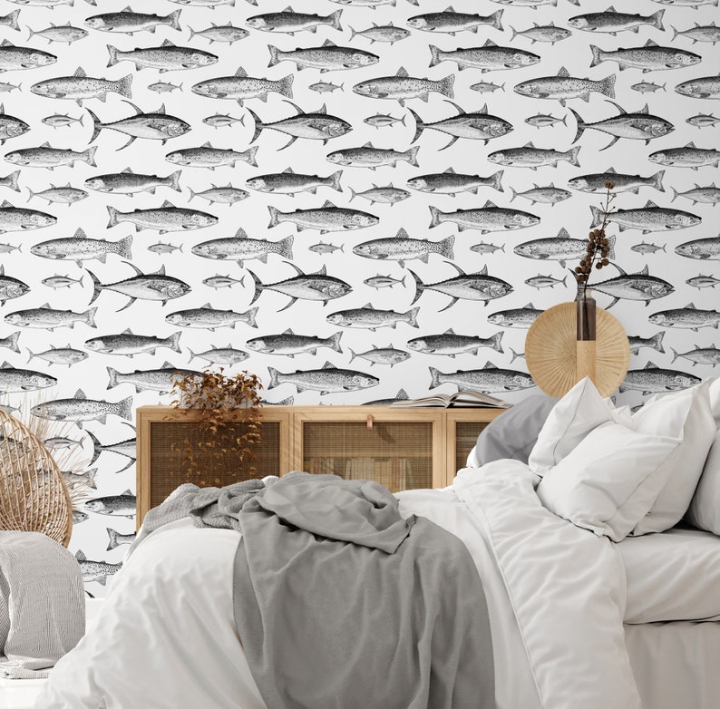 Fish Wallpaper, Cottagecore Decor, Black White Wall Paper, Fishing ...