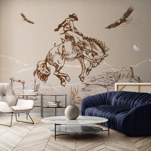 Western Cowboy Wall Decal, Southwestern Wallpaper, Wild West Wall Mural ...