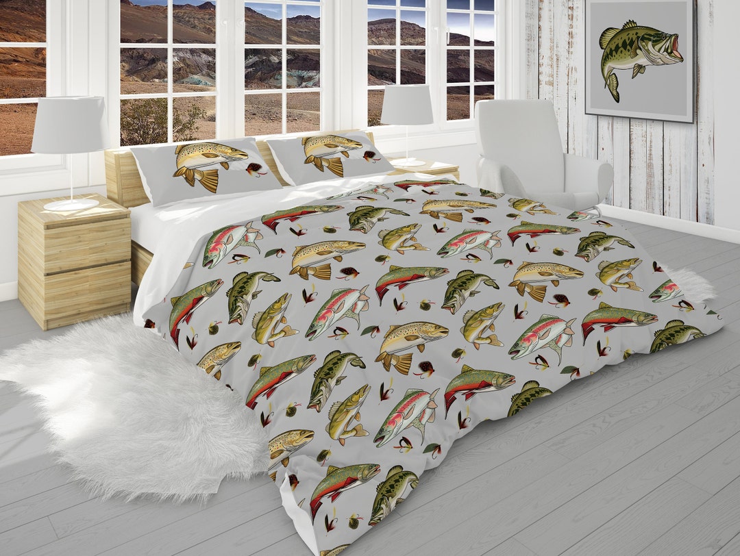 Comforter Set With Pillow Shams With Fish, Beach House Bedding, Cabin ...