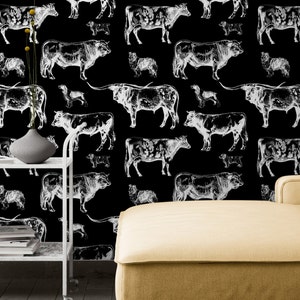 Dark Wall Paper With Cow, Farm Wall Decor, Ranch Wallpaper, Black ...