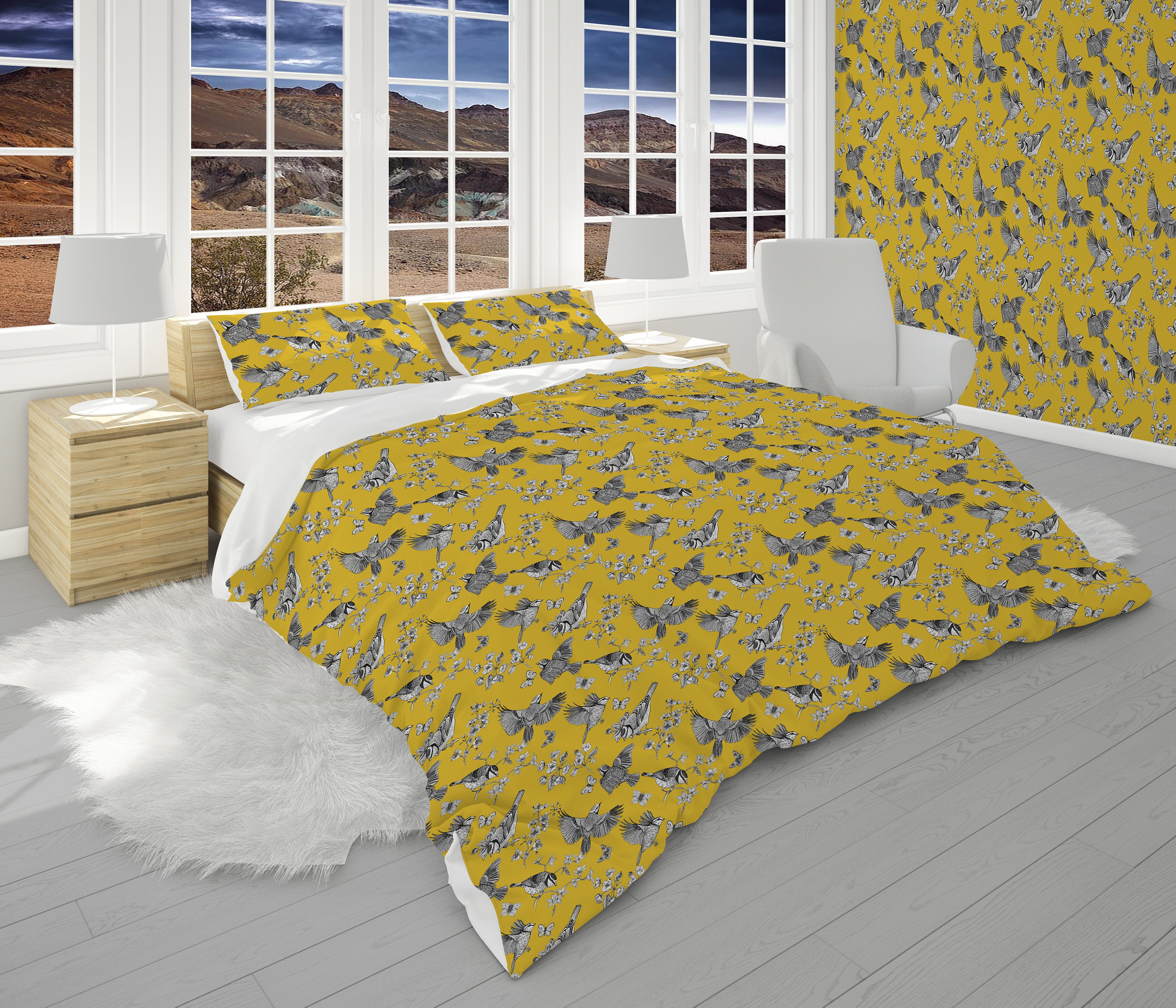 Yellow Bedding Set, Birds Comforter King, Queen, Tween, XL Twin Size ...