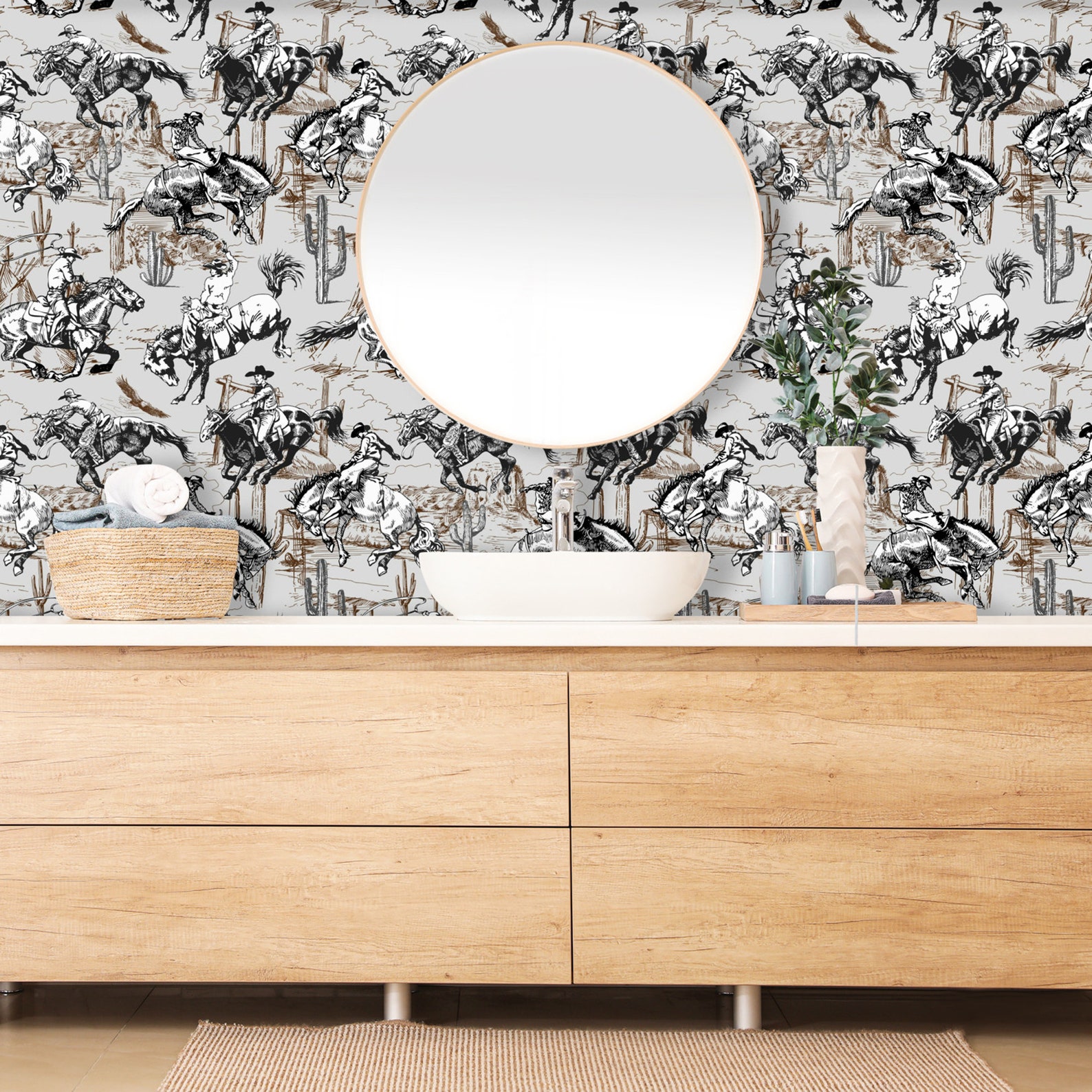 Southwestern Wallpaper With Cowboy, Southwest Wall Decal, Rodeo Wall ...