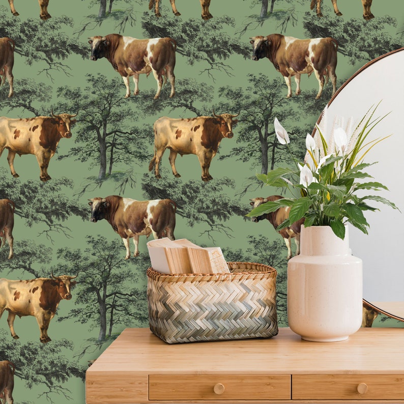 Green Wall Paper With Cow, Farm Animal Wallpaper, Rustic Farmhouse ...