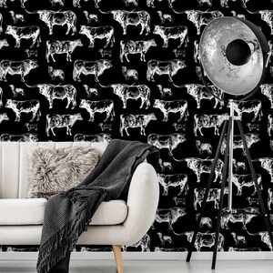 Dark Wall Paper With Cow, Farm Wall Decor, Ranch Wallpaper, Black ...