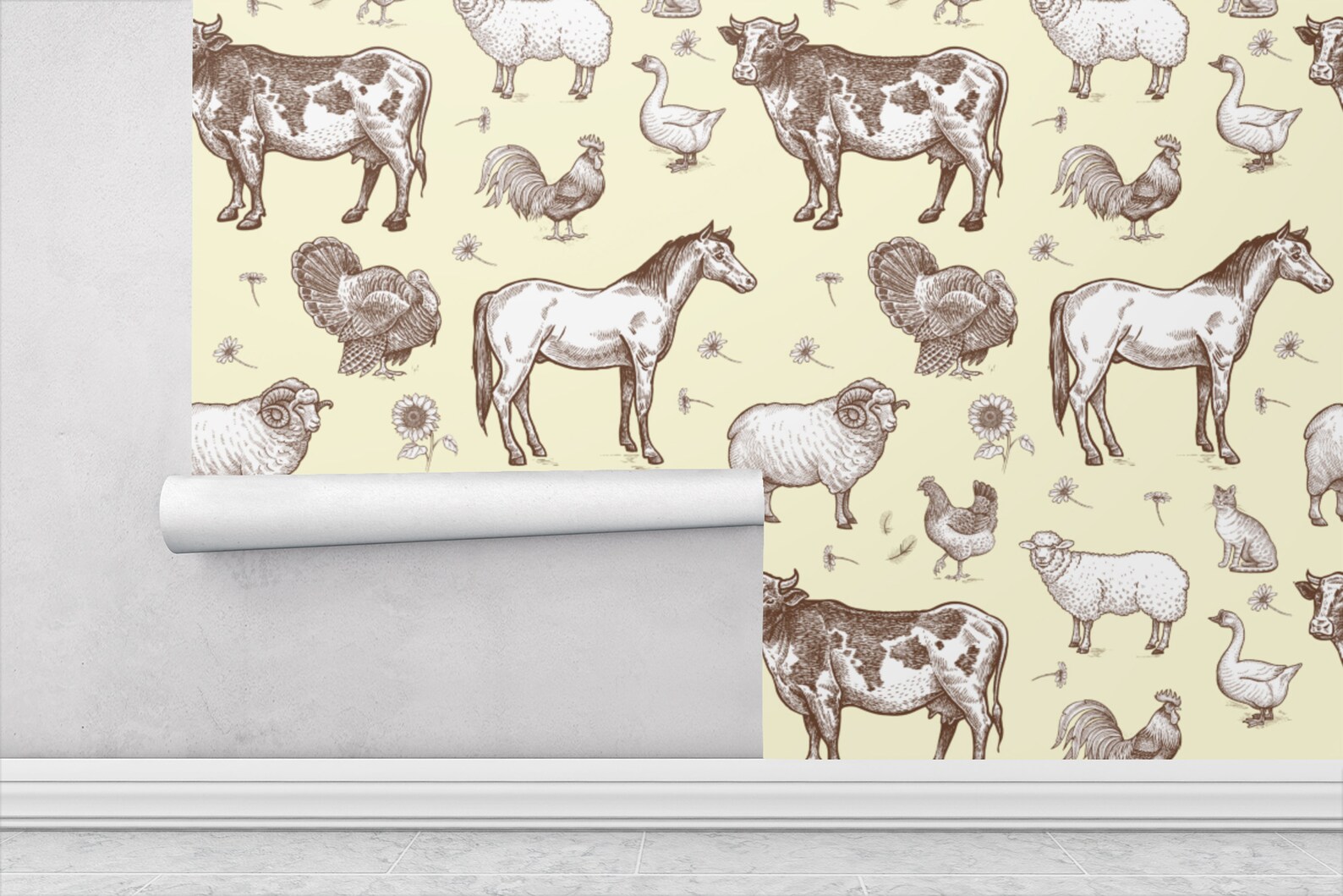 Farmhouse Wallpaper, Farm Animals Wall Paper, Removable Wall Mural With ...