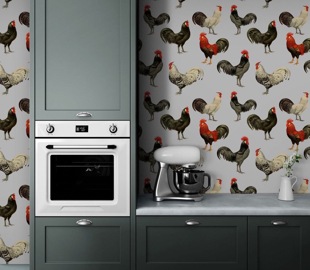 Rooster Decal, off White Wallpaper, Removable Farmhouse Wall Paper ...