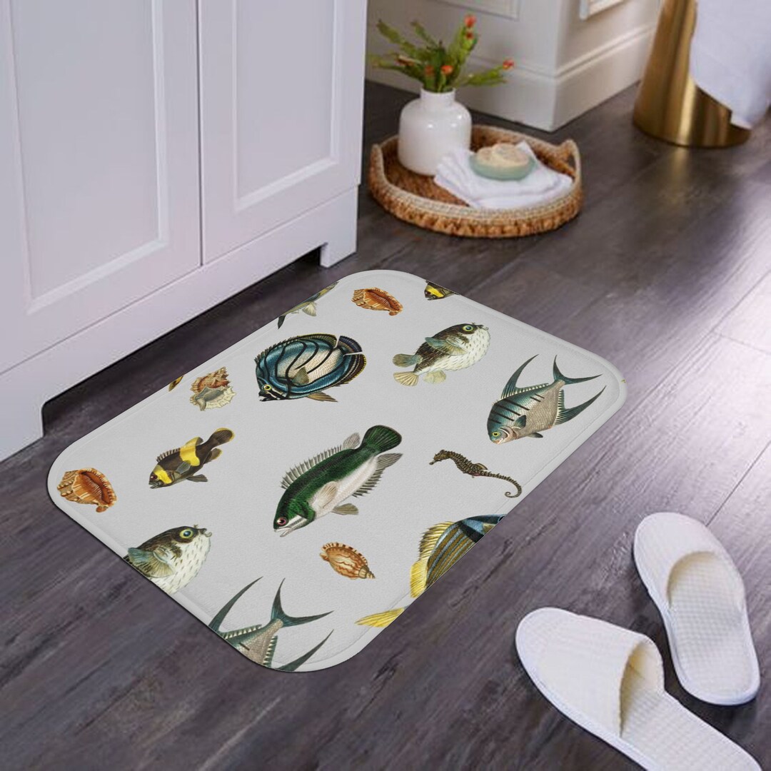 Fish Bath Rug, Gray Bath Mat, Cabin Decor, Bathroom Rug, Sea Bath Mat ...