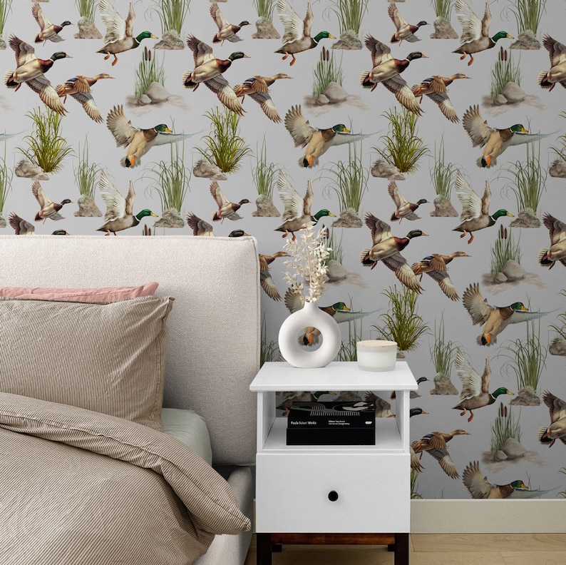 Duck Wallpaper, Retro Wall Paper Peel & Stick, Birds Wall Decal, Gray ...