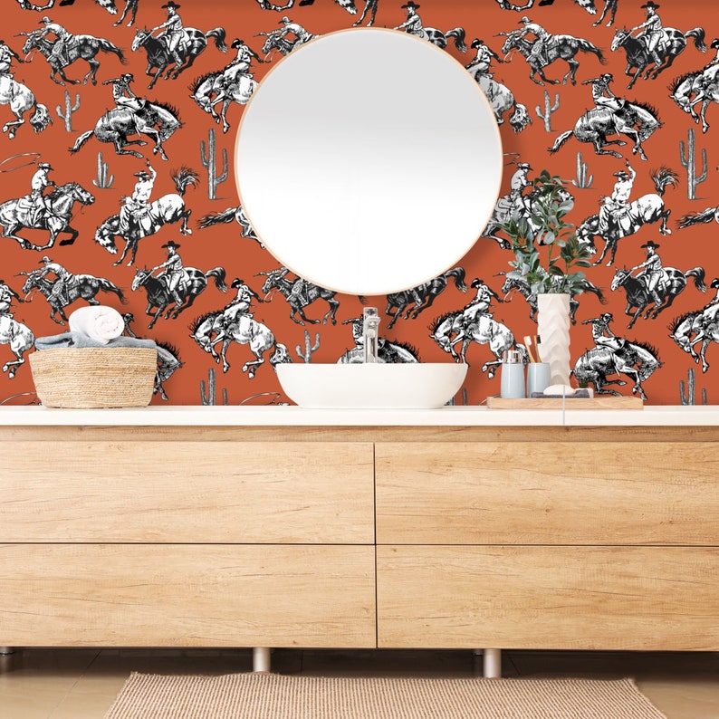 Orange Wall Paper Cowboy Wallpaper With Horses Southwest - Etsy
