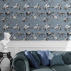 Blue Wallpaper With Cowboy, Wild West Decor, Southwestern Wall Paper ...