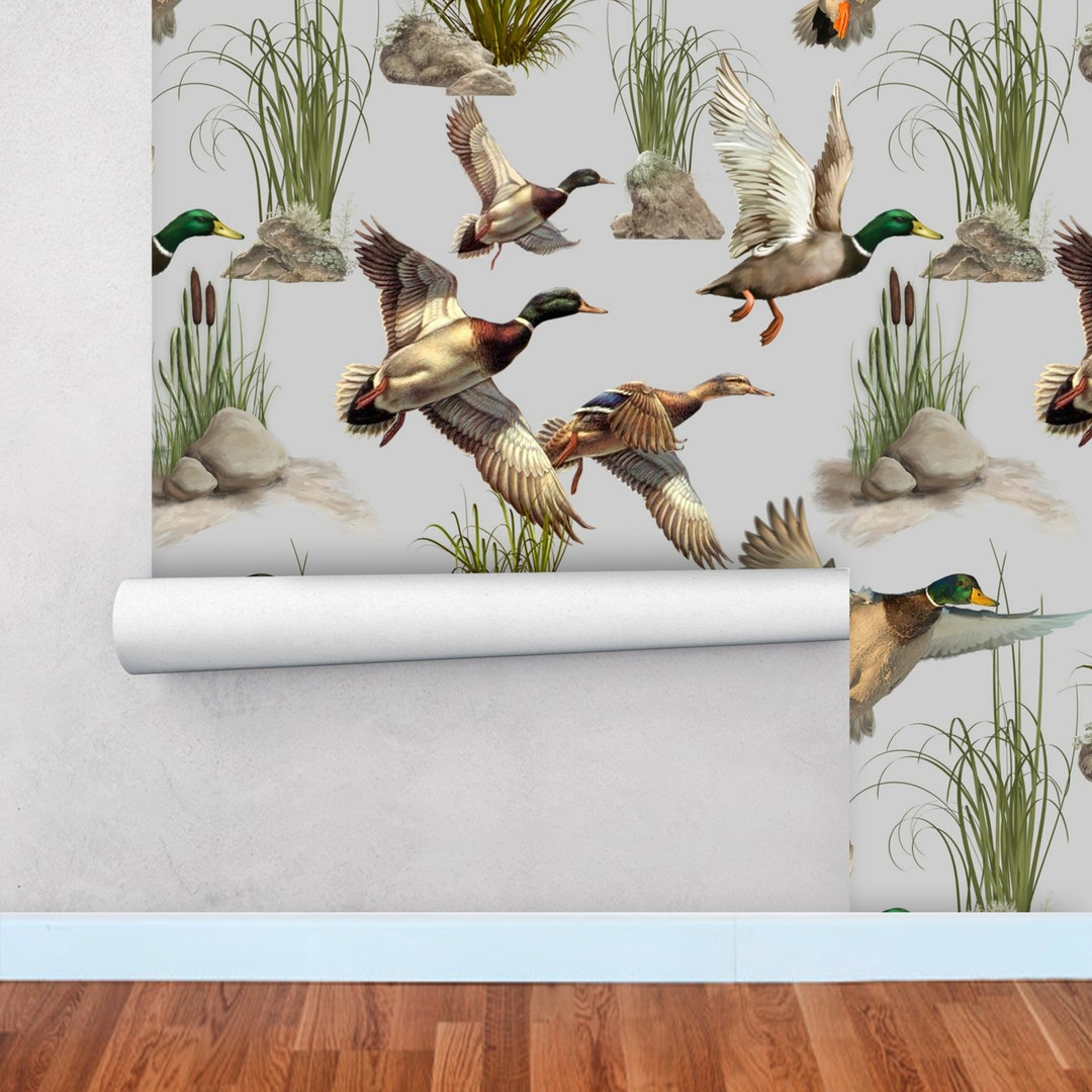 Duck Wallpaper, Nature Wall Decor, Gray Wall Paper, Hunting Wall Decor ...