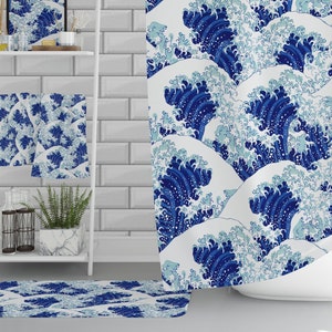 Sea Bathroom Rug, Wave Bath Mat Blue White, Beach Bathroom Accessories ...