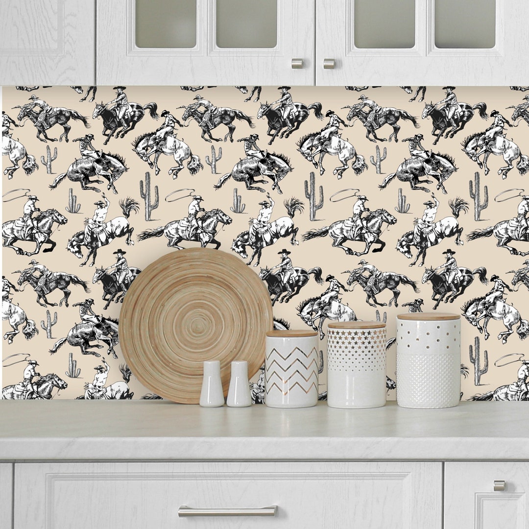 Beige Wallpaper With Cowboy, Southwestern Decor, Western Wallpaper Peel ...
