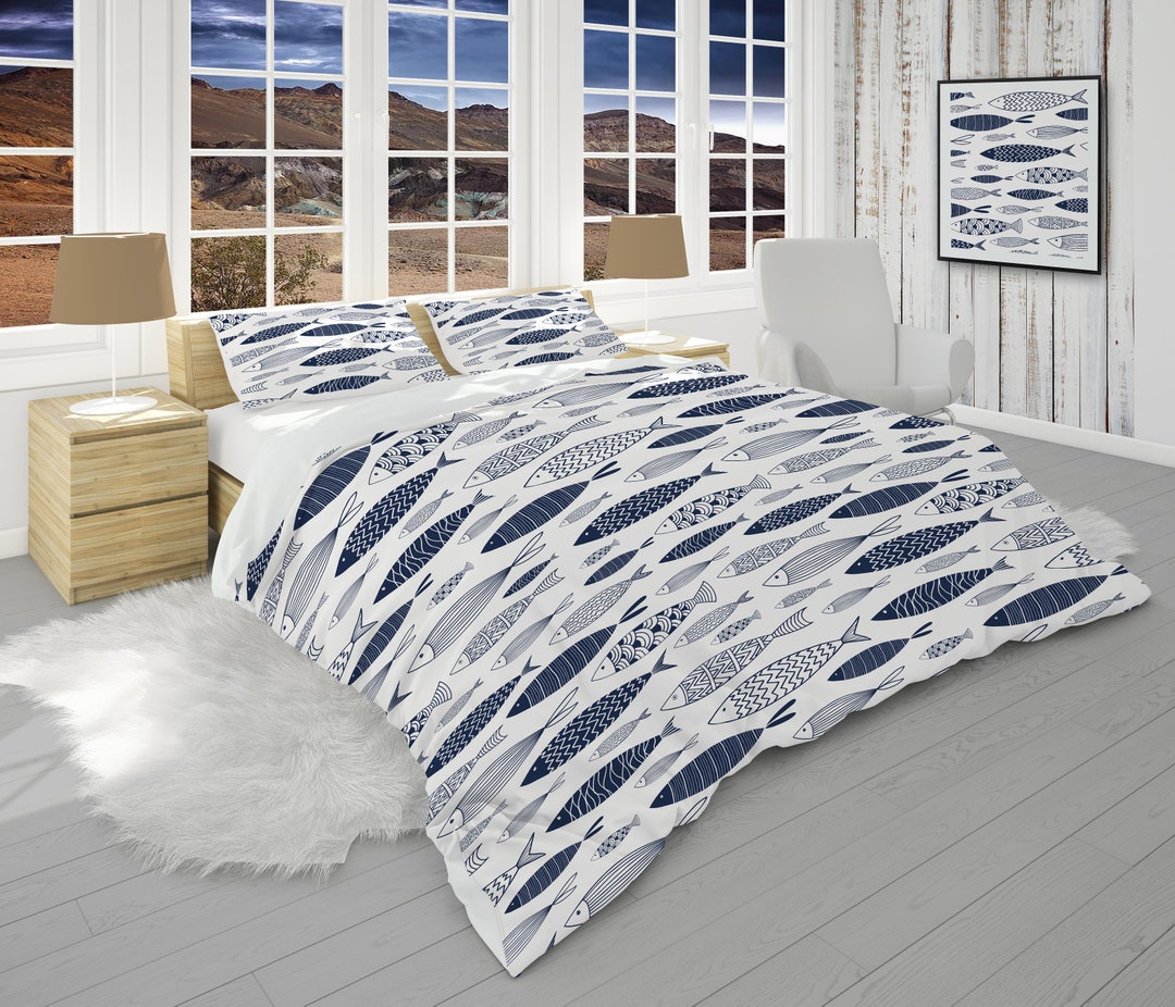 Blue White Comforter Set With Pillow Shams, Bedding With Fish, Nautical ...