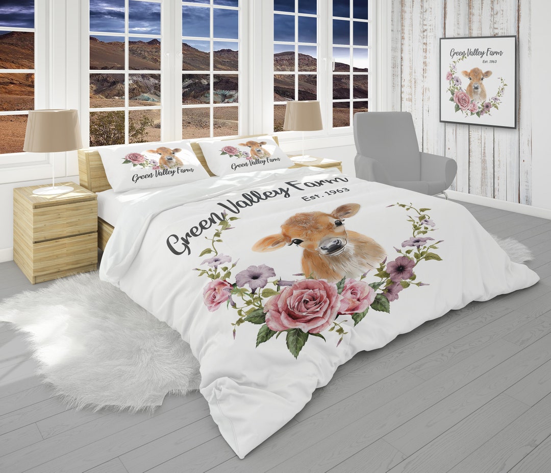 Custom Farmhouse Bedding, Cow Comforter, Floral Pillow Shams ...