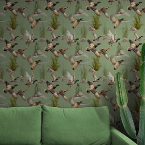 Green Retro Wallpaper, Duck Wall Paper Peel & Stick, Birds Wall Decal ...