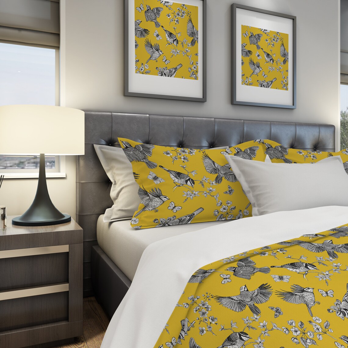 Yellow Bedding Set, Birds Comforter King, Queen, Tween, XL Twin Size ...
