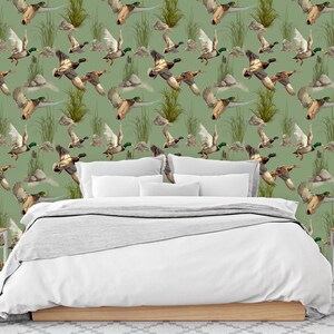 Green Retro Wallpaper, Duck Wall Paper Peel & Stick, Birds Wall Decal ...