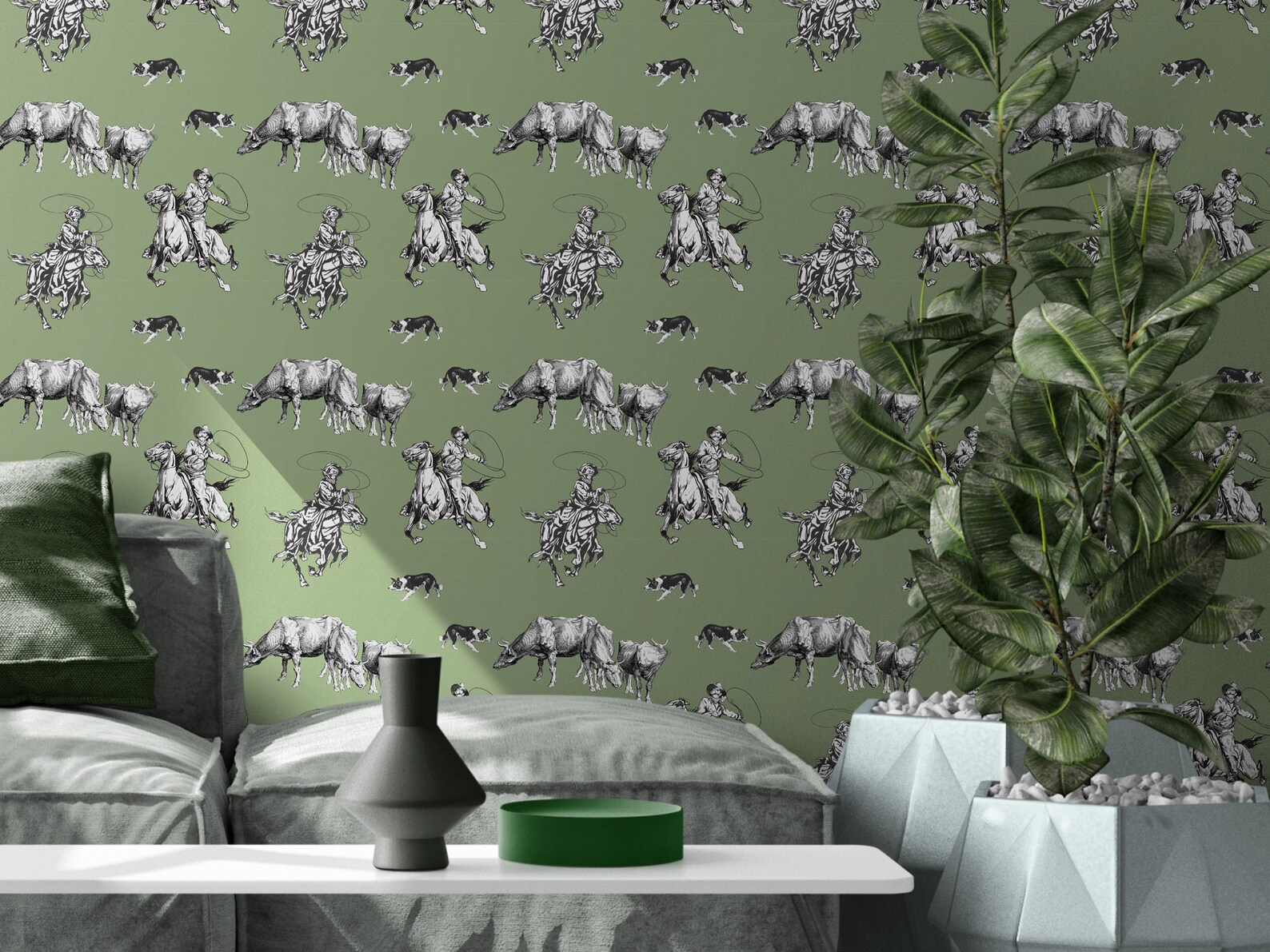 Green Wallpaper Western Wall Paper With Cowboy Southwestern - Etsy