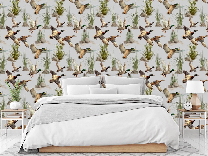 Duck Wallpaper, Retro Wall Paper Peel & Stick, Birds Wall Decal, Gray ...